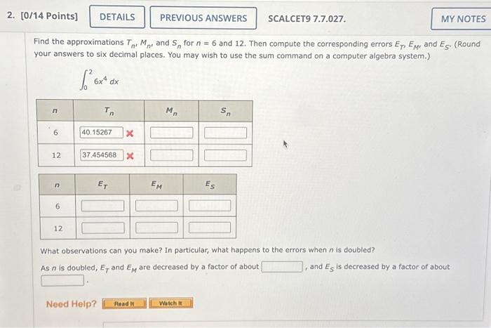 Solved Find the approximations Tn,Mn, and Sn for n=6 and 12. | Chegg.com