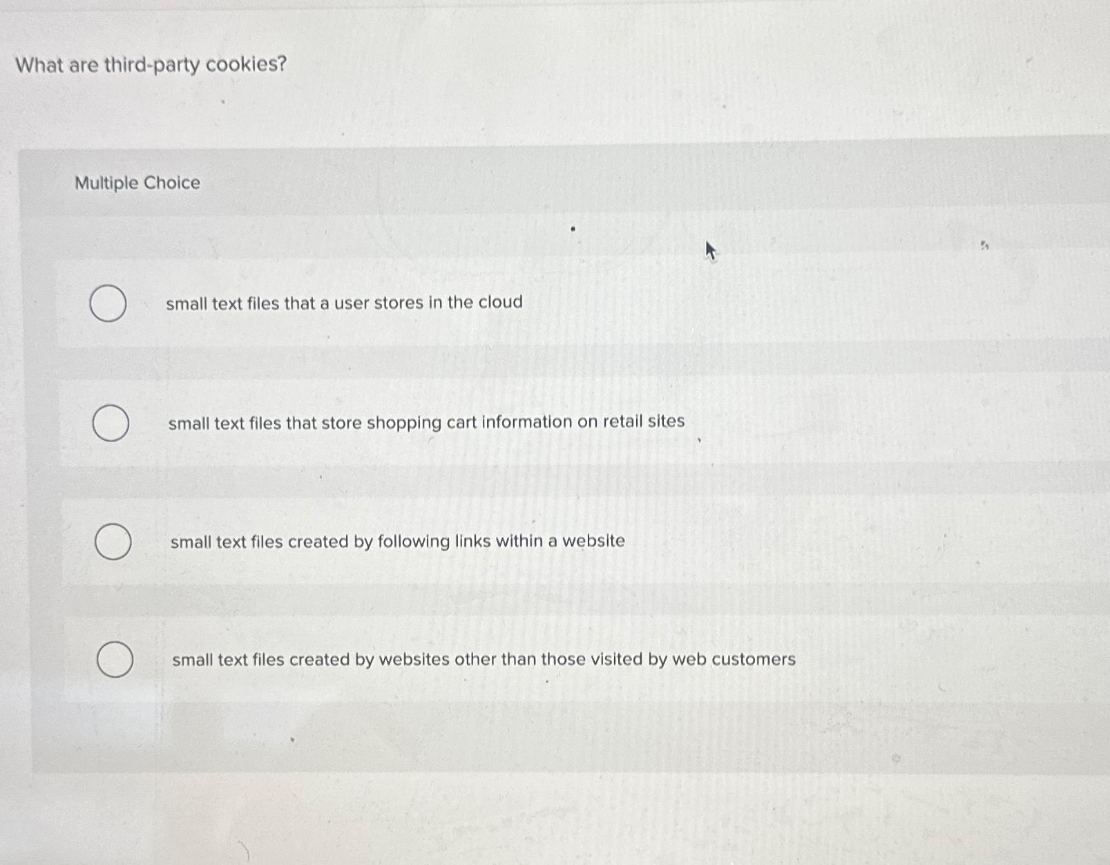 Solved What are third-party cookies?Multiple Choicesmall | Chegg.com