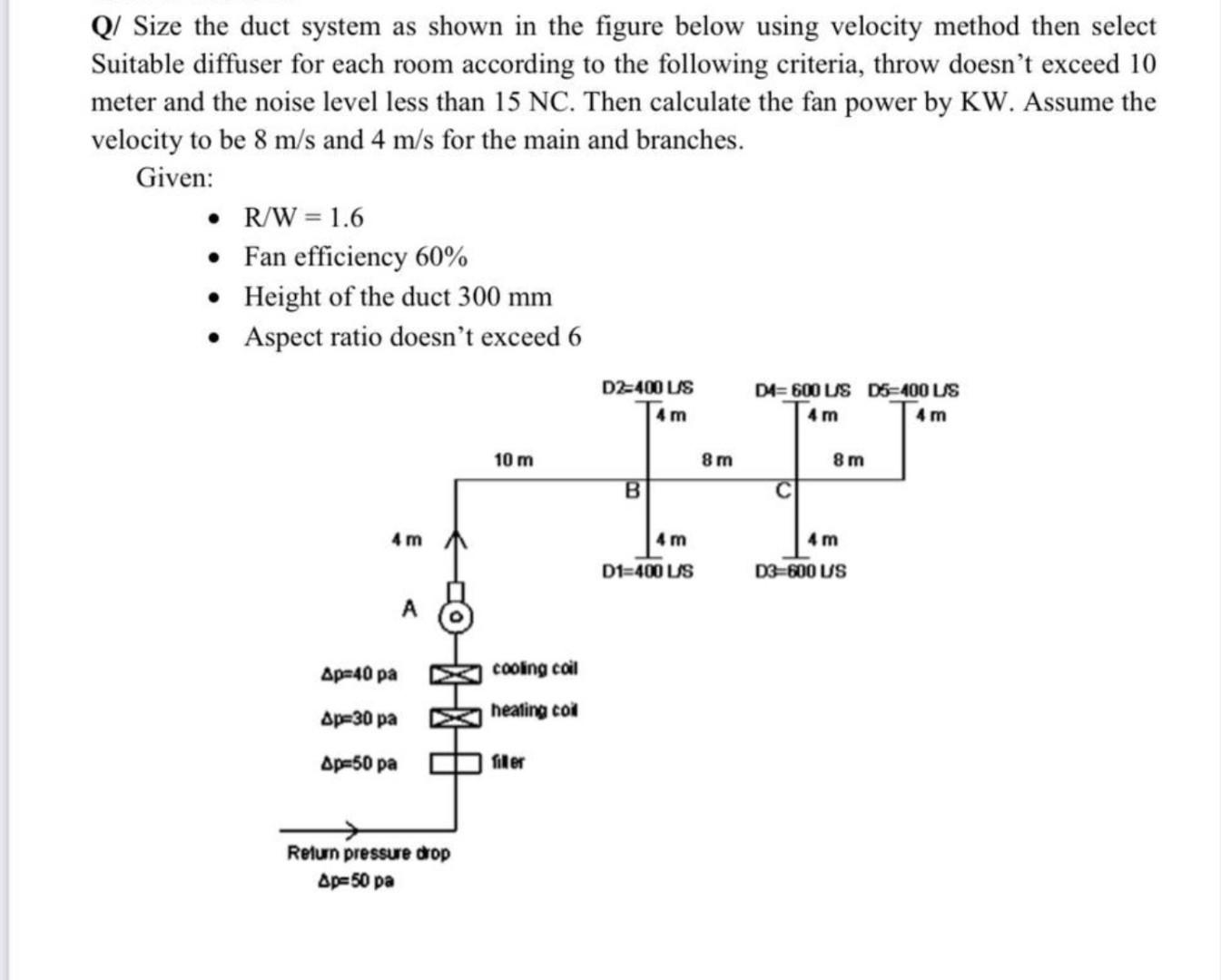 Solved Q/ Size the duct system as shown in the figure below | Chegg.com