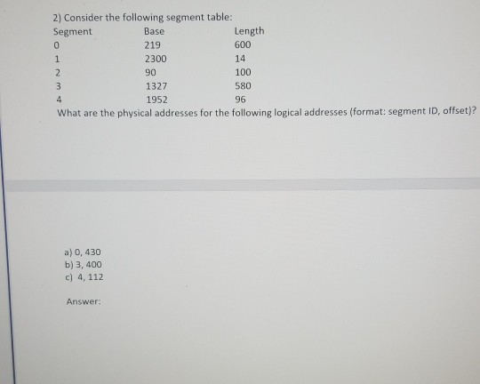 Solved 2) Consider the following segment table: Segment Base | Chegg.com