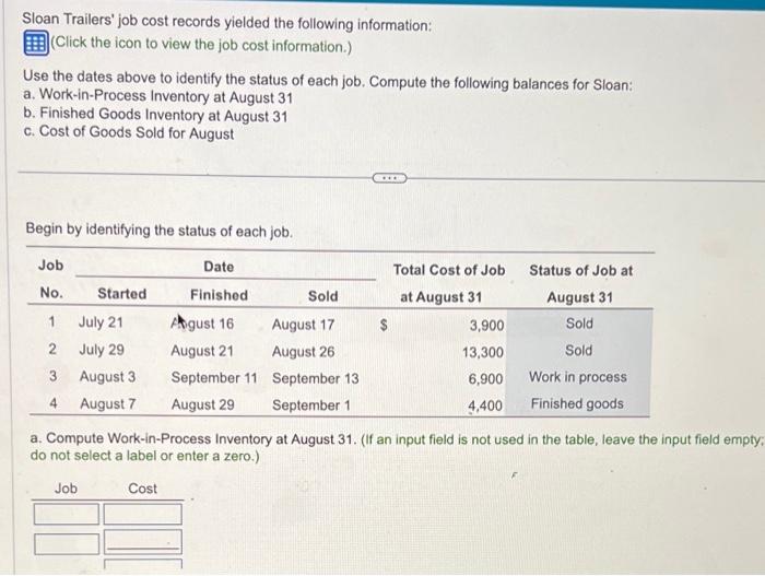 Solved Sloan Trailers' job cost records yielded the | Chegg.com