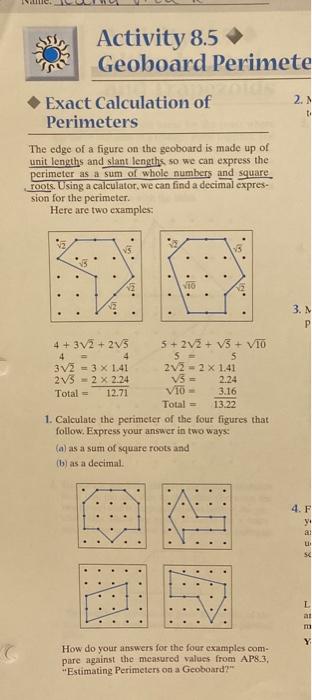 Solved √√5 Activity 8.5 Geoboard Perimete Exact Calculation | Chegg.com