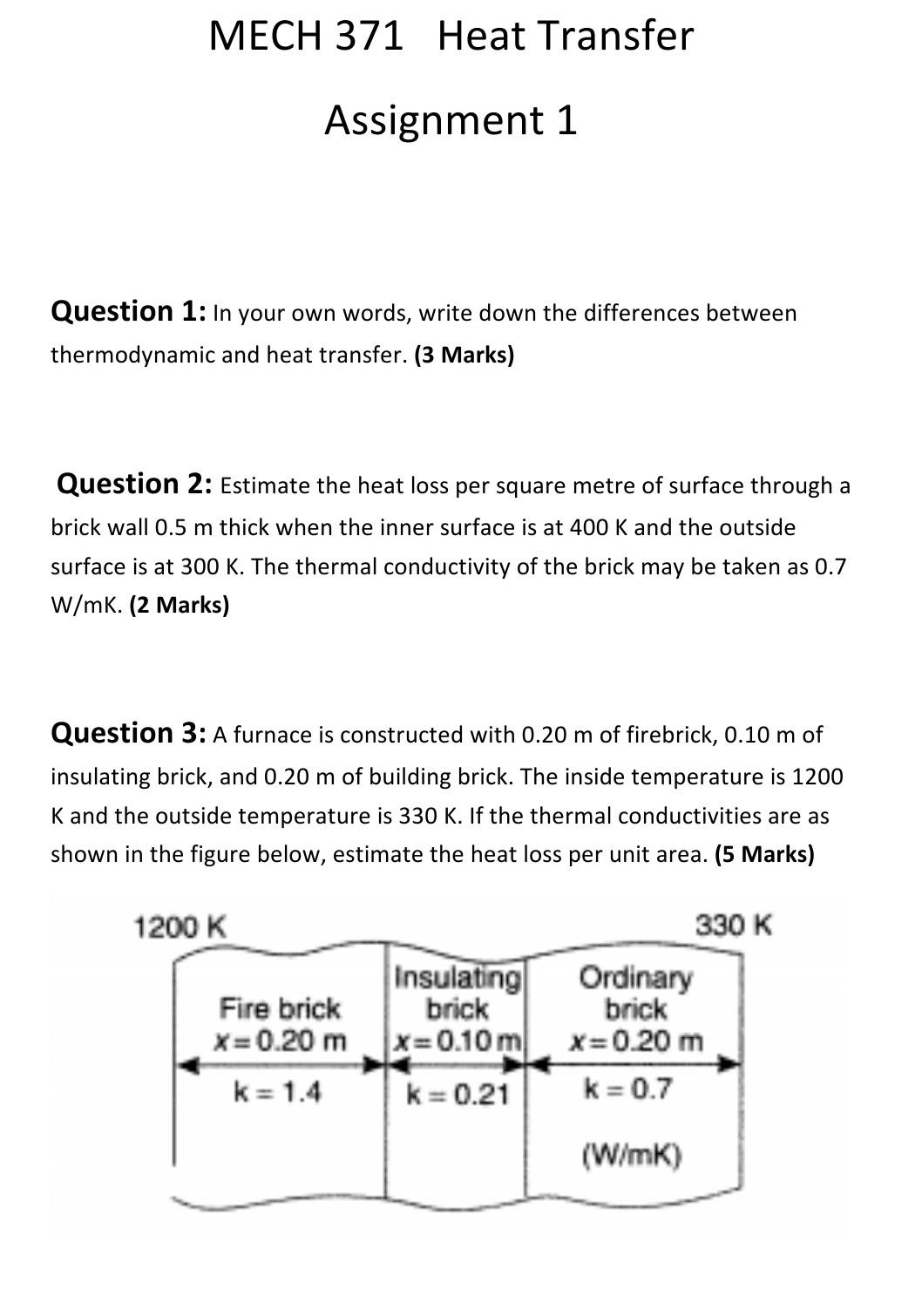 Solved MECH 371 Heat Transfer Assignment 1 Question 1: In | Chegg.com