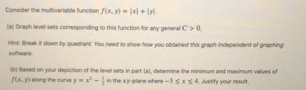 Solved Consider the multivariable function f(x,y)=∣x∣+∣y∣. | Chegg.com