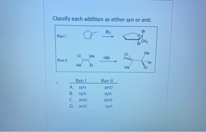 Solved Classify each addition as either syn or anti. H Rxn! | Chegg.com