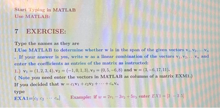 Solved 7 EXERCISE: Type the names as they are I. Use MATLAB | Chegg.com