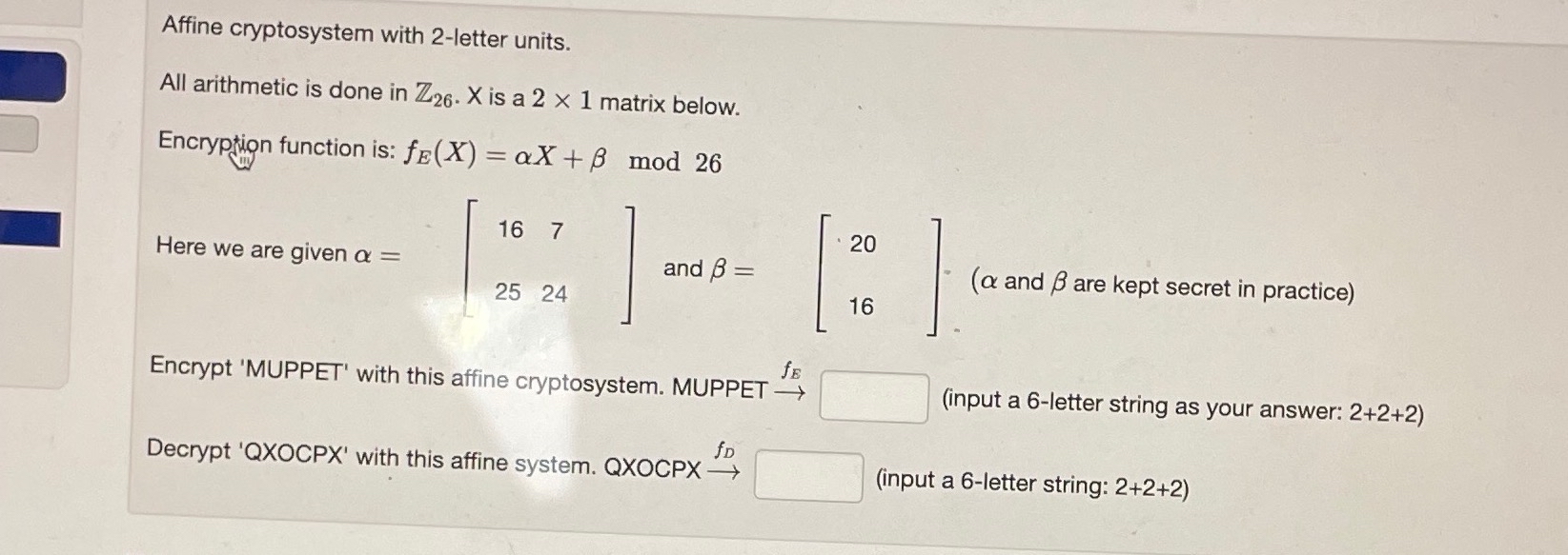 Affine cryptosystem with 2-letter units.All | Chegg.com