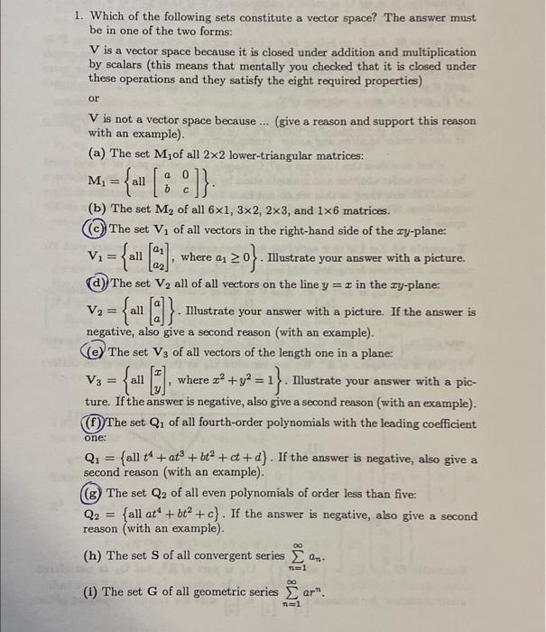 Solved 1. Which of the following sets constitute a vector | Chegg.com
