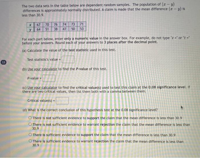 Solved The two data sets in the table below are dependent | Chegg.com
