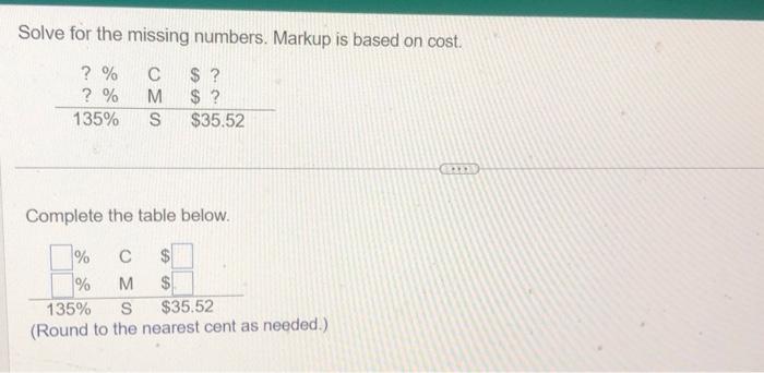 Solved Solve for the missing numbers. Markup is based on | Chegg.com