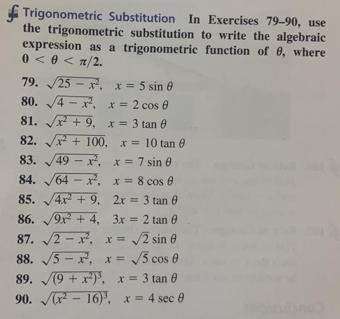 Solved f. Trigonometric Substitution In Exercises 79–90, use | Chegg.com