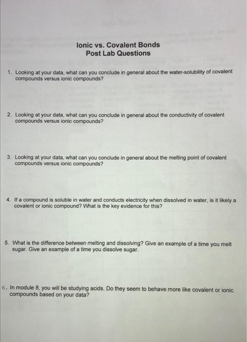 Solved Ionic vs. Covalent Bonds Post Lab Questions 1. | Chegg.com