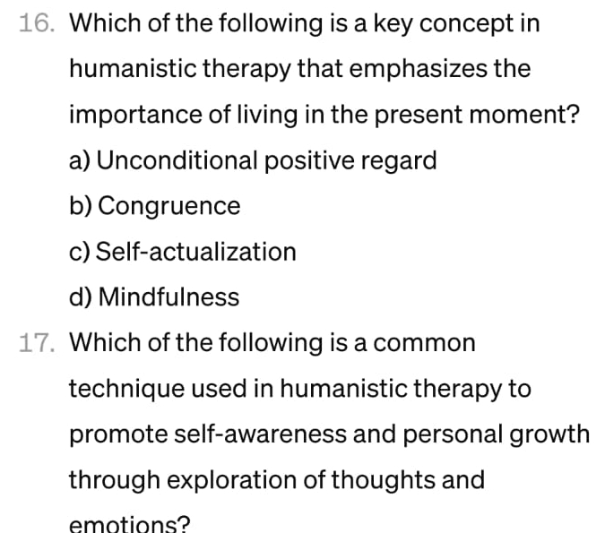 Solved Which of the following is a key concept in humanistic | Chegg.com