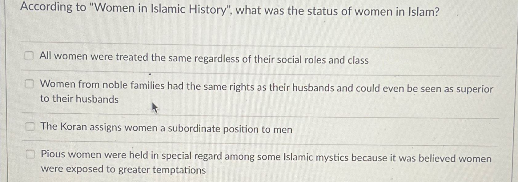 Solved According to "Women in Islamic History", what was the | Chegg.com