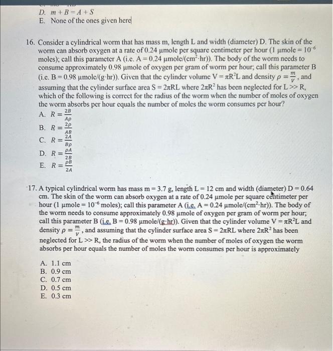 Solved D. m+B=A+S E. None of the ones given here 16. | Chegg.com