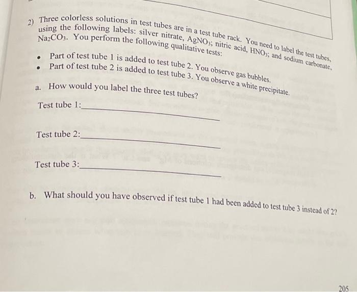 Solved 2) Three colorless solutions in test tubes are in a | Chegg.com