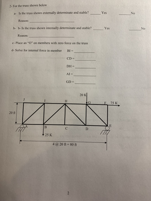 Solved 2. For the truss shown below a- Is the truss shown | Chegg.com