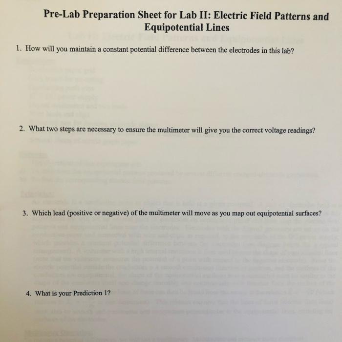 Solved Pre-Lab Preparation Sheet for Lab II: Electric Field | Chegg.com