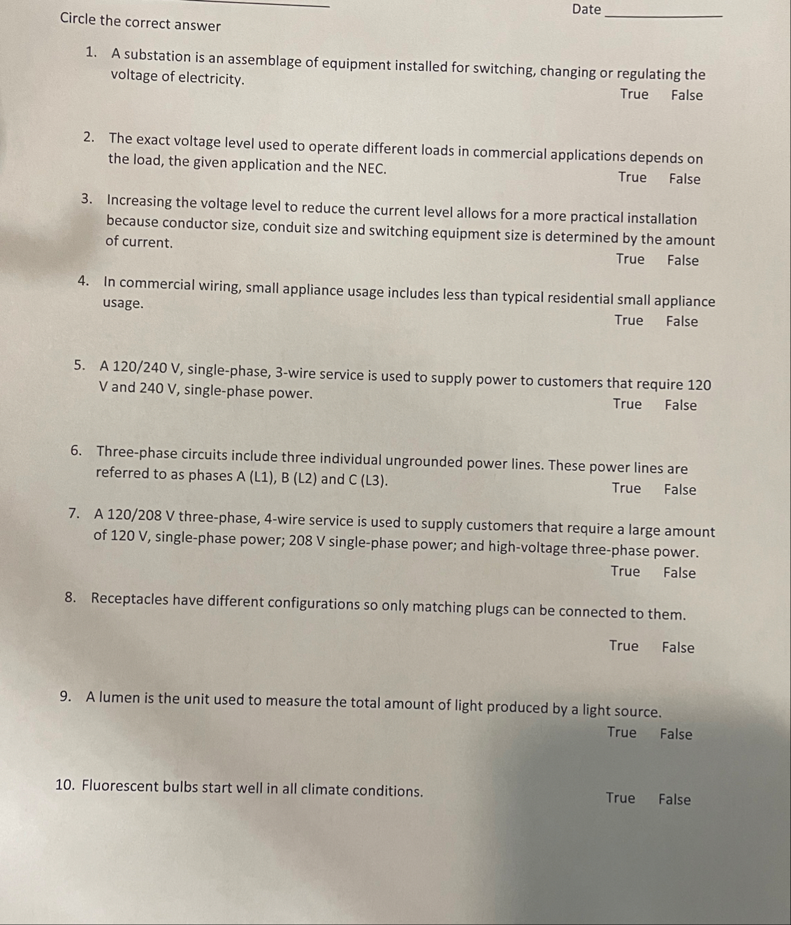 Solved DateCircle the correct answerA substation is an | Chegg.com