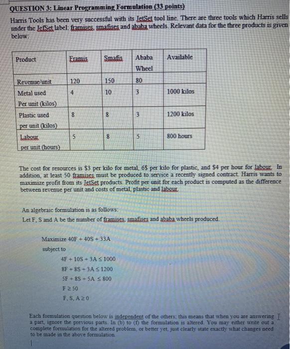 QUESTION 3: Linear Programming Formulation (33 | Chegg.com