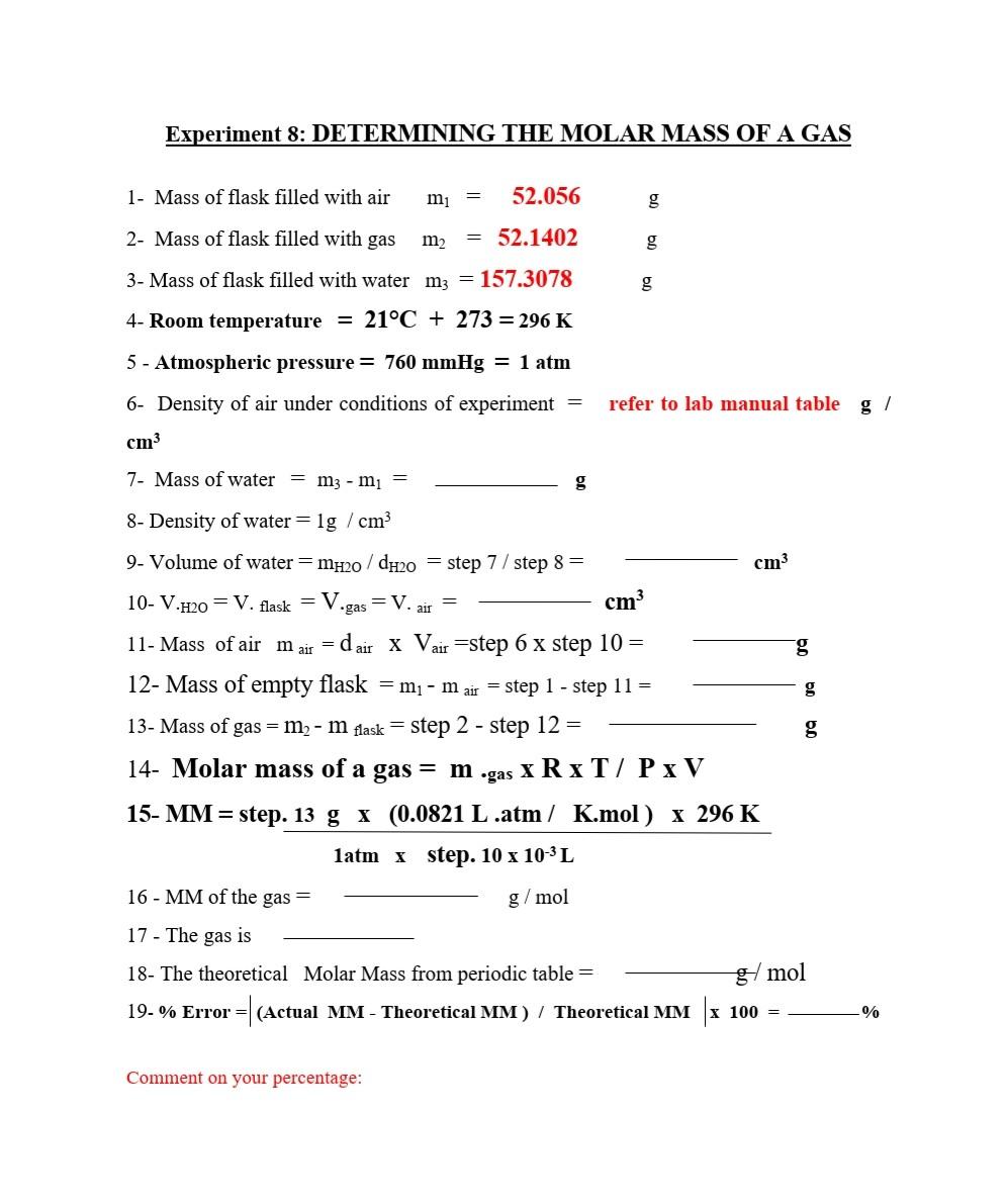 Solved Experiment 8: DETERMINING THE MOLAR MASS OF A GAS 1- | Chegg.com
