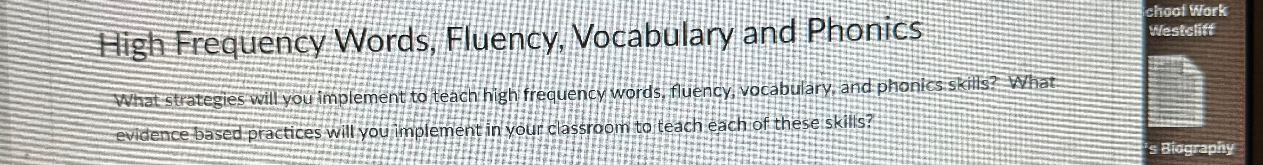 Solved High Frequency Words, Fluency, Vocabulary and | Chegg.com