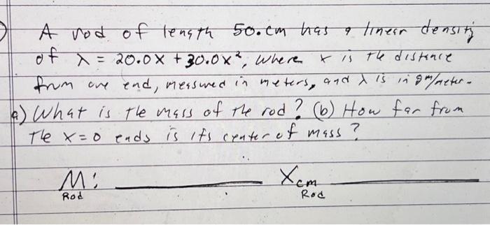Solved A rod of lenath 50.cm has a linesr density of | Chegg.com