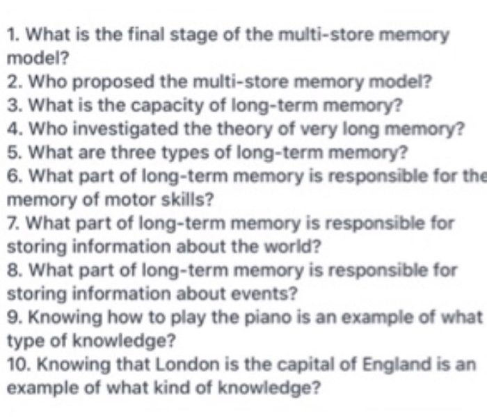 Solved 1. What is the final stage of the multi-store memory | Chegg.com