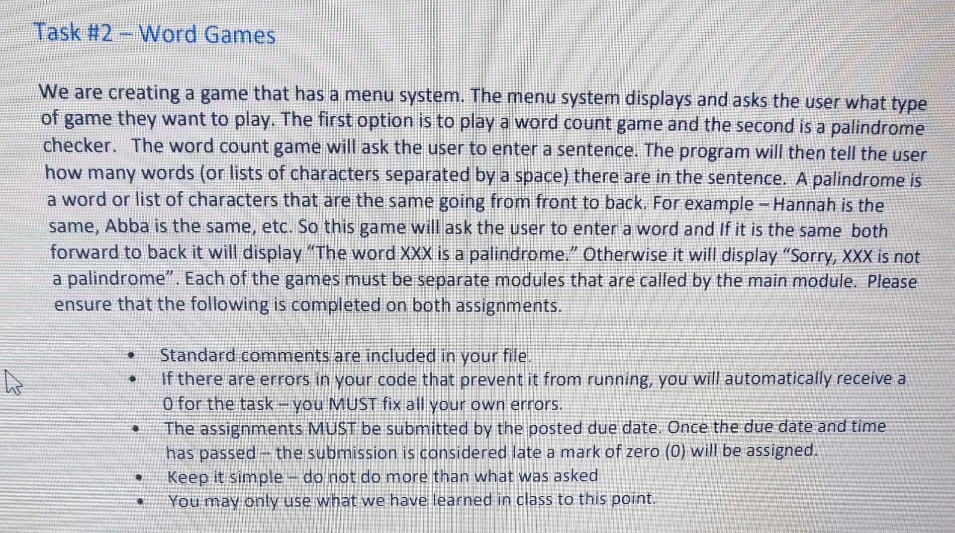 Solved Task #2 - Word Games We are creating a game that has | Chegg.com
