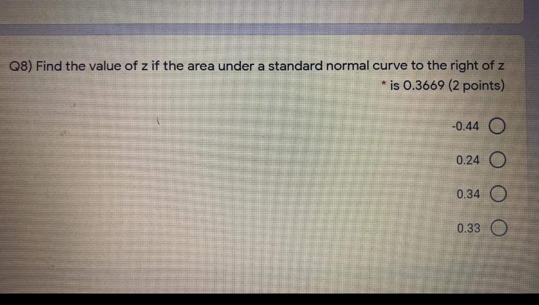 Solved Q8) Find the value of z if the area under a standard | Chegg.com