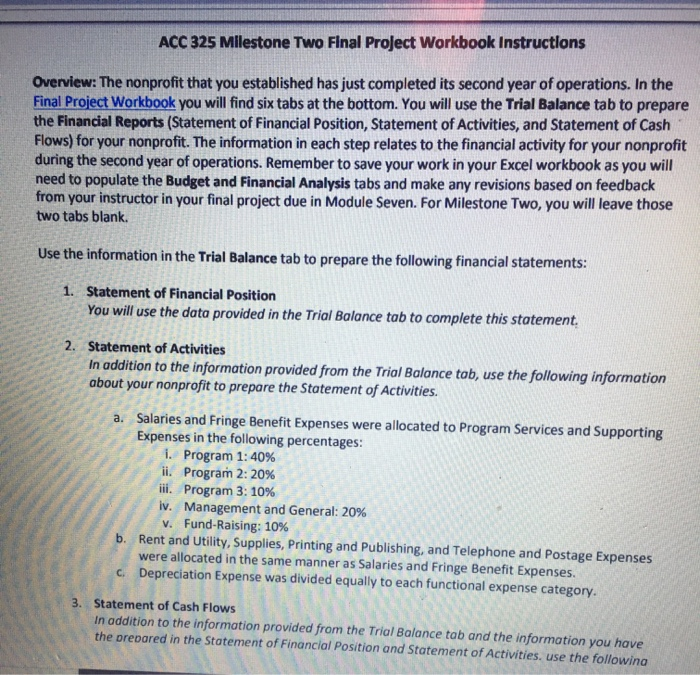 Solved ACC 325 Milestone Two Final Project Workbook | Chegg.com