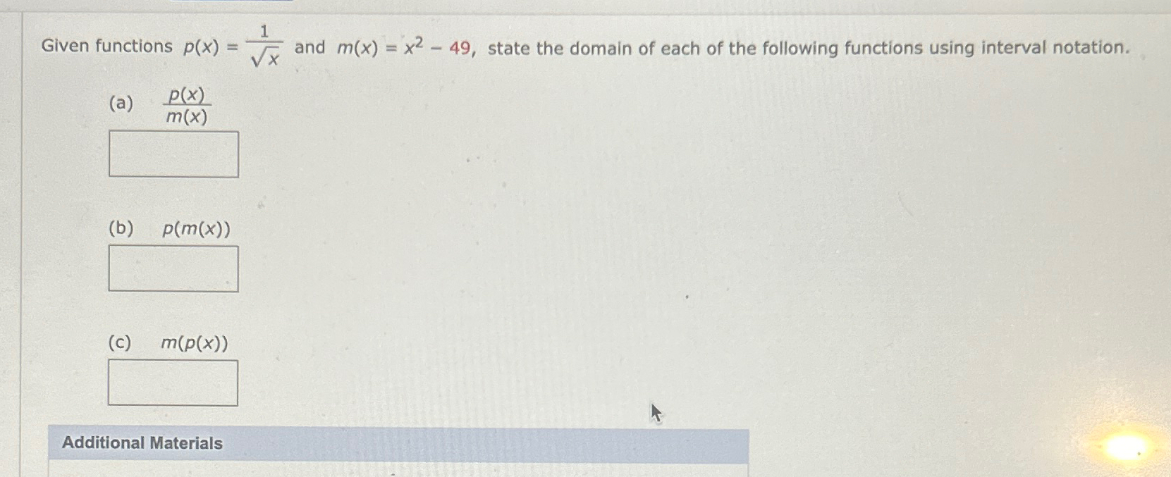 Given functions p(x)=1x2 ﻿and m(x)=x2-49, ﻿state the | Chegg.com