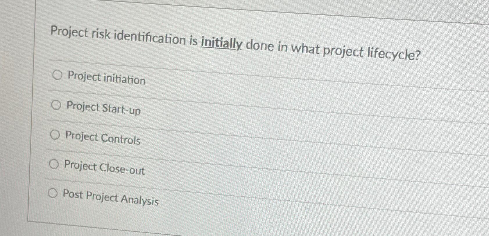 Solved Project risk identification is initially done in what | Chegg.com