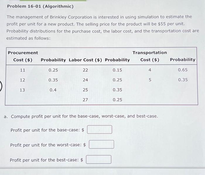 Solved Problem 16-01 (Algorithmic) The management of | Chegg.com