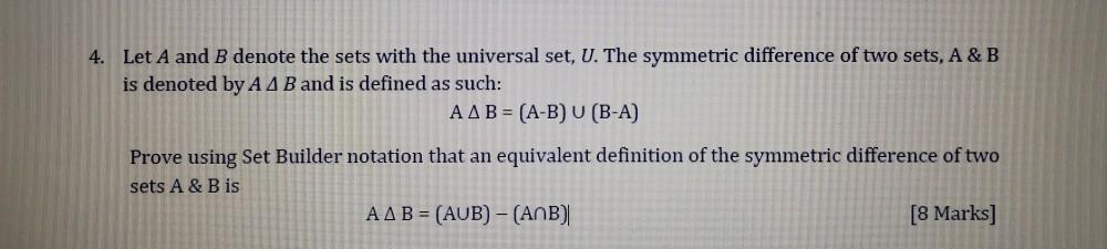 Solved 4. Let A and B denote the sets with the universal | Chegg.com