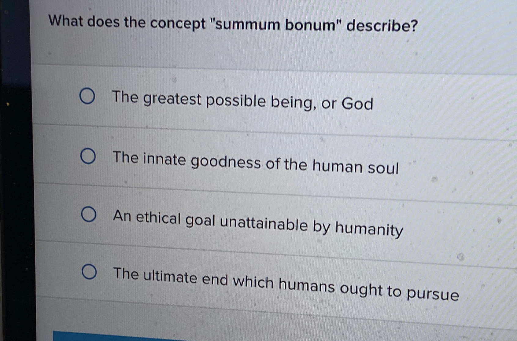 Solved What does the concept "summum bonum" describe?The | Chegg.com