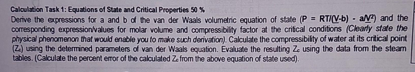 Solved Calculation Task 1: Equations of State and Critical | Chegg.com