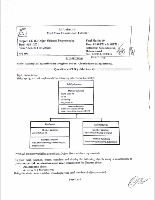 Solved Note: All member variables are private, Object 1Ds | Chegg.com