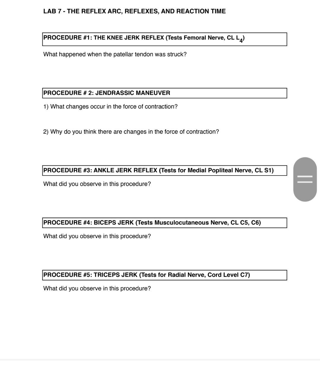 Solved LAB 7 - THE REFLEX ARC, REFLEXES, AND REACTION TIME | Chegg.com