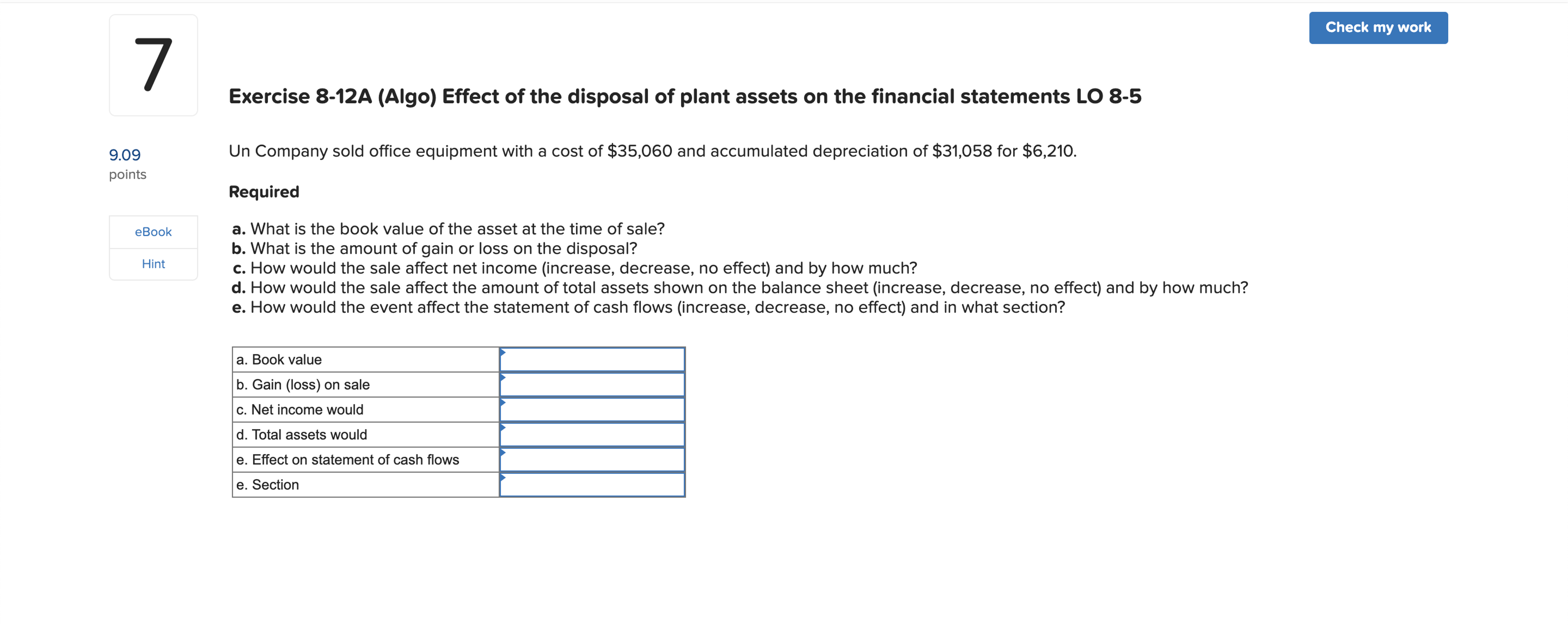 Solved Exercise 8-12A (Algo) ﻿Effect of the disposal of | Chegg.com