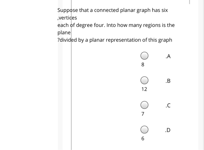 Solved Suppose that a connected planar graph has six | Chegg.com