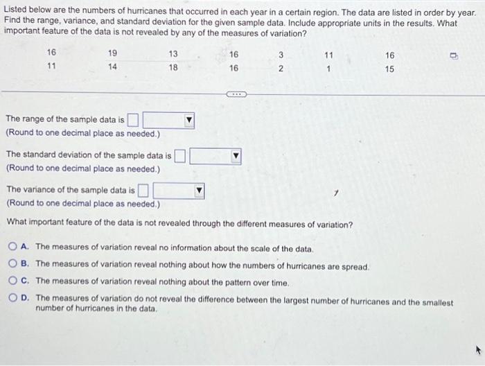 Solved Listed below are the numbers of hurricanes that | Chegg.com