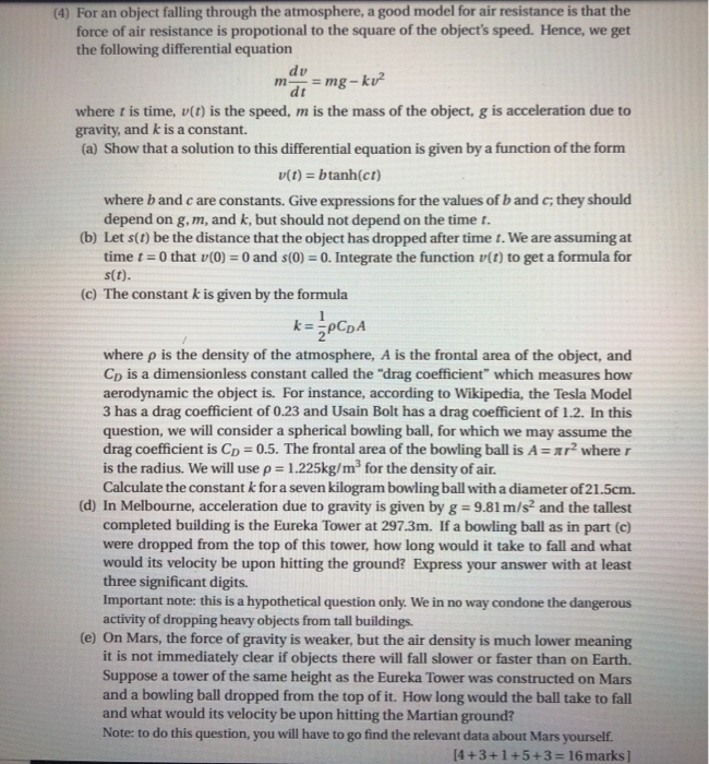 Solved Du 4 For An Object Falling Through The Atmosphere