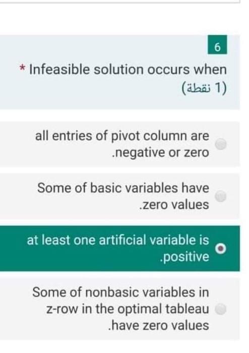 Solved 6 * Infeasible solution occurs when (1 (1 نقطة) all | Chegg.com