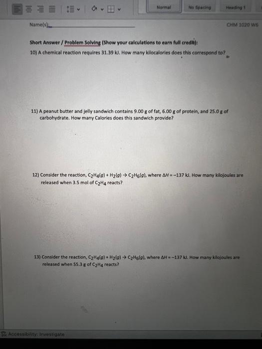 Solved Short Answer / Problem Solving (Show your | Chegg.com