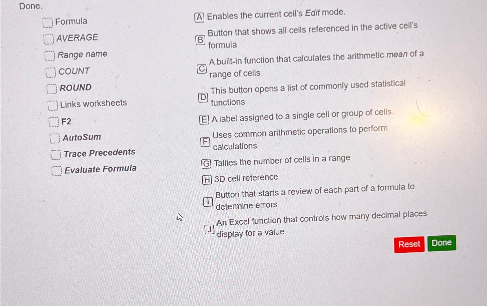 Solved Done.FormulaAVERAGERange nameCOUNTROUNDLinks | Chegg.com