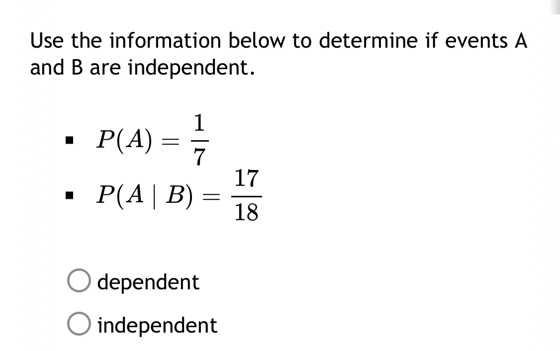 Use the information below to determine if events A | Chegg.com