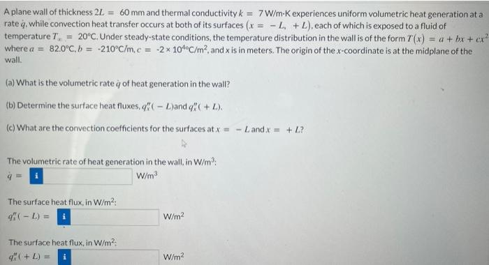 Solved A plane wall of thickness 2L=60 mm and thermal | Chegg.com