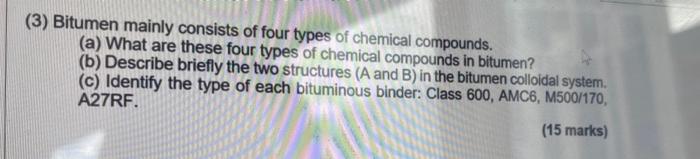 Solved (3) Bitumen mainly consists of four types of chemical | Chegg.com