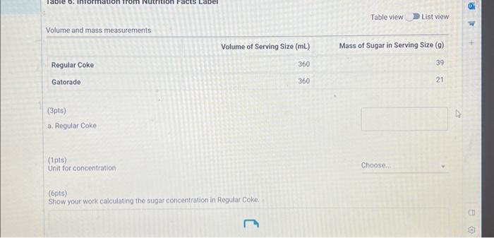 Solved Table view List view Volume and mass measurements | Chegg.com